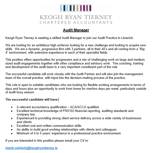 audit Manager advert - Keogh Ryan Tierney